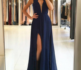 Navy Blue A-line V-neck Chiffon Lace Prom Dress,long Split Evening ...