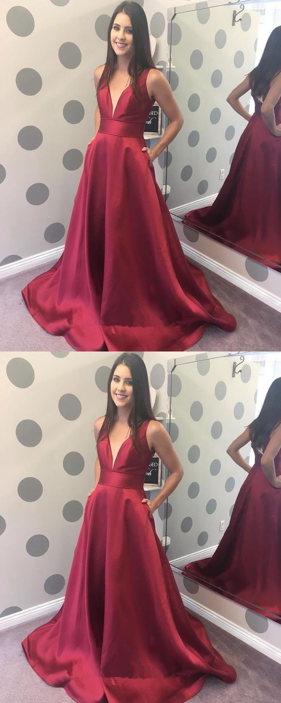 Dark Red Deep V Neck Prom Dresses 2018 Floor Length Evening Gowns Women ...