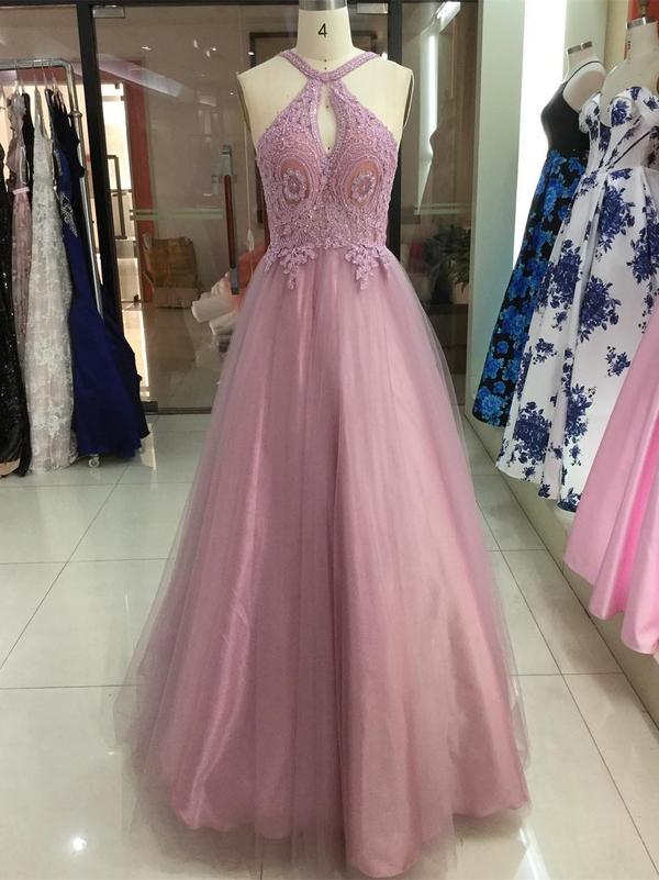Dusty Rose Halter Lace Applique Tulle Prom Dresses Backless Long Prom ...