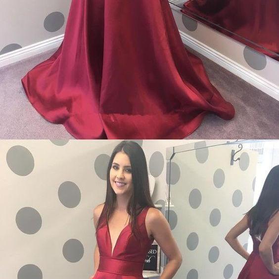 Dark Red Deep V Neck Prom Dresses 2018 Floor Length Evening Gowns Women ...