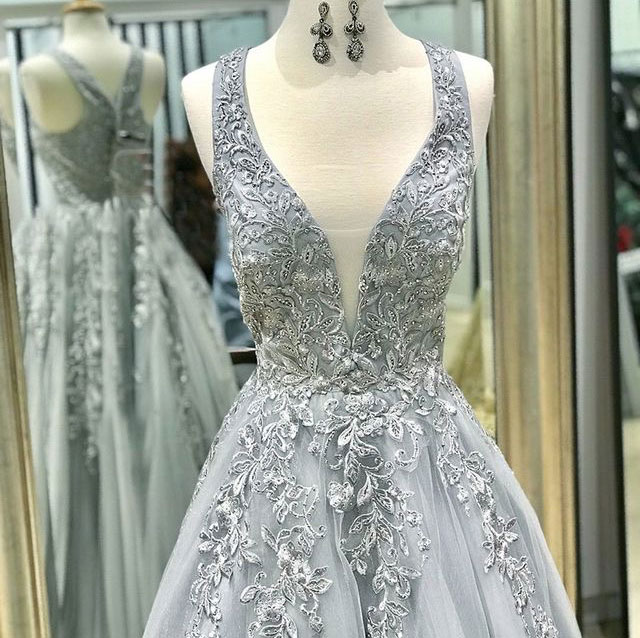 Deep V Neck Long Prom Dresses With Appliques on Luulla